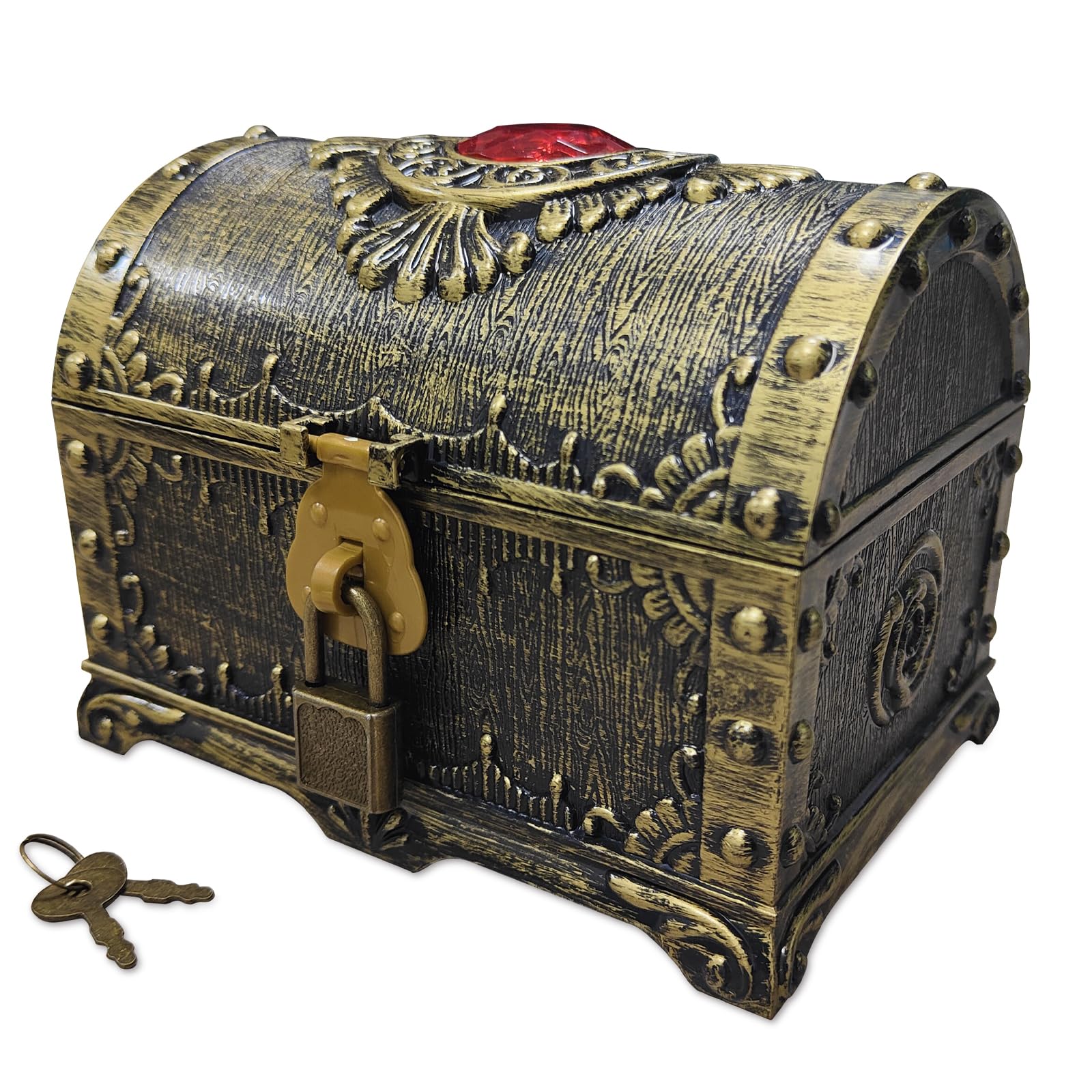 Flyekist Kids Pirate Treasure Chest Storage Box,Red Rhinestone Inlaid Top Decorative Pirate Chest with Lock and Key for Kids Birthday,Halloween, Christmas Pirate Party Favors