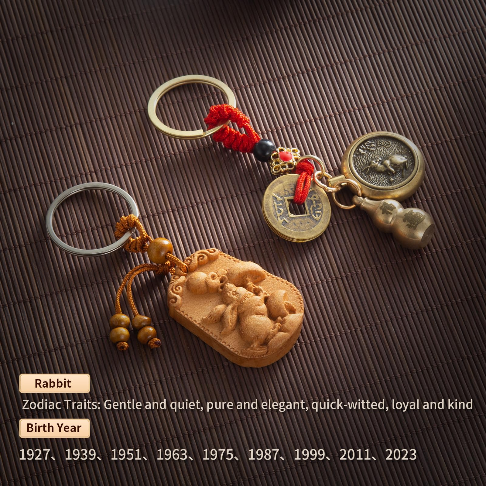 2 in 1 Feng Shui Wu Lou Brass Gourd 12 Zodiac Wood Carved Lucky Key Chain for Chinese Style Gifts(Rabbit)