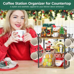 EsLuker.ly 2 Tier Coffee Bar Organizer for Home Office, Multi-functional Countertop Mug Holder Stand Rack, Coffee Station Accessory Storage Shelf with 12 Hooks, Space-Saving Coffee Nook Enhancer