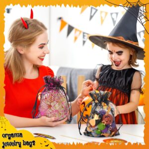 QPRETTY DU 100PCS Halloween Organza Gif Bags Set, 25PCS Glow in The Dark Resin Figures,25PCS Tattoo Sticker,Black Drawstring Gift Bags,4×6 Mesh Candy Gift Bags for Halloween Party Favors Set