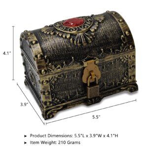 Flyekist Kids Pirate Treasure Chest Storage Box,Red Rhinestone Inlaid Top Decorative Pirate Chest with Lock and Key for Kids Birthday,Halloween, Christmas Pirate Party Favors