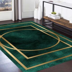 rugylsf Area Rugs Non-Slip Washable Entrance Rugs Gold Round Rectangle Border Emerald Green Marble Textured Area Rugs Bedroom Dining Room Office Decor Kitchen Rugs 2x5ft