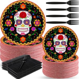 yungyan 180 pcs day of the dead plates and forks dia de los muertos plates 7 inch and 9 inch sugar dessert skull plates for party decorations supplies (marigold flower pattern)