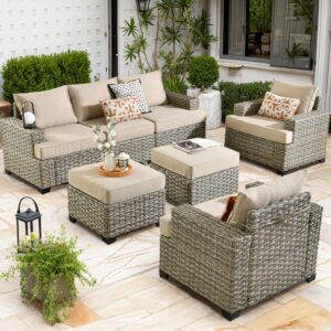 caodoc patio furniture sets 7 pieces outdoor sectional rattan sofa manual weaving wicker patio conversation set with ottomans and t cushion(beige)