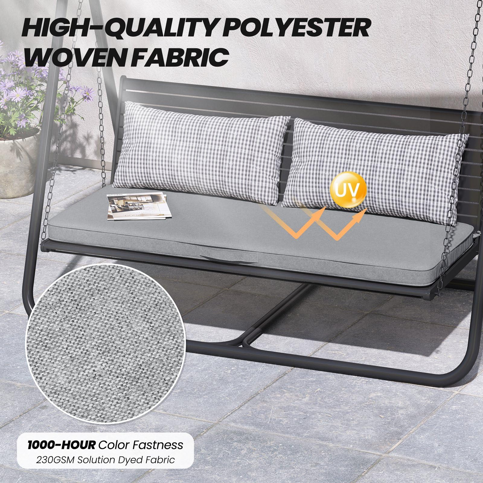 Crestlive Products Outdoor Bench Cushion 48x18 Inches, Patio Furniture Pads with Ties Water Resistant Fabric Durable Thicken Memory Foam for Loveseat Couch Porch Swing, Light Gray