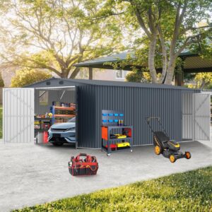 large metal outdoor storage shed 13x20 feet, with 1 openable window, 2 doors, and 4 ventilation openings for a large metal garage shed for cars, trucks, bicycles, trash cans, tools, and lawn mowers