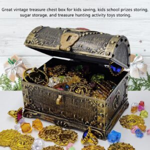 Flyekist Kids Pirate Treasure Chest Storage Box,Red Rhinestone Inlaid Top Decorative Pirate Chest with Lock and Key for Kids Birthday,Halloween, Christmas Pirate Party Favors