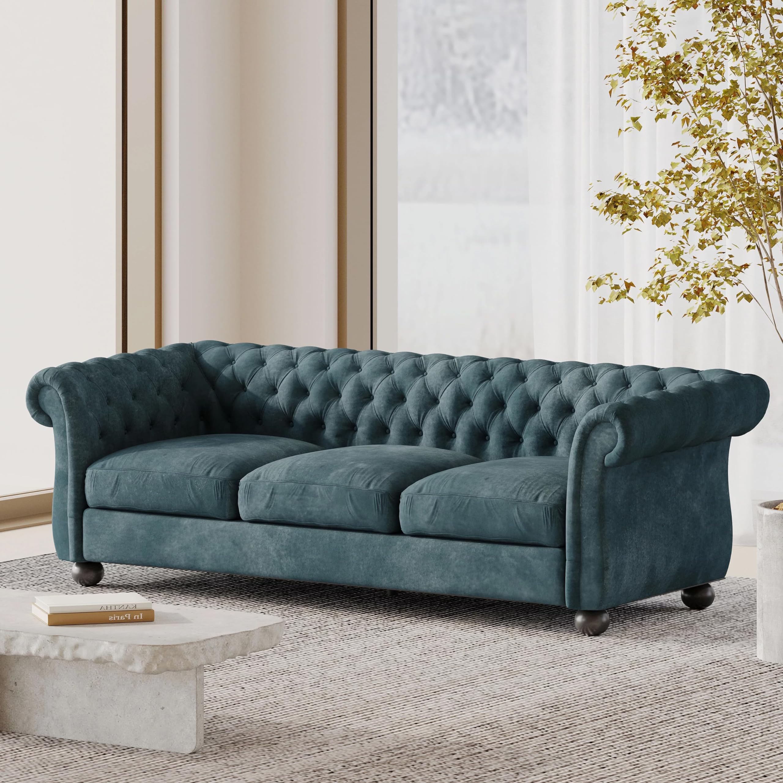 Elegant Tufted Fabric Sofa Couch, Chesterfield 3-Seater Sofa with High-Density Cushion, Removable Cushions and Covers, Luxurious Scrolled Arms Upholstered Sofa for Living Room, Office, Apartment