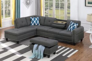 fanye l-shaped sectional sofa with right chaise & nailhead decor,modern faux leather tufted upholstered corner sofa&couch w/cup holders and storage ottoman for home apartment office living room