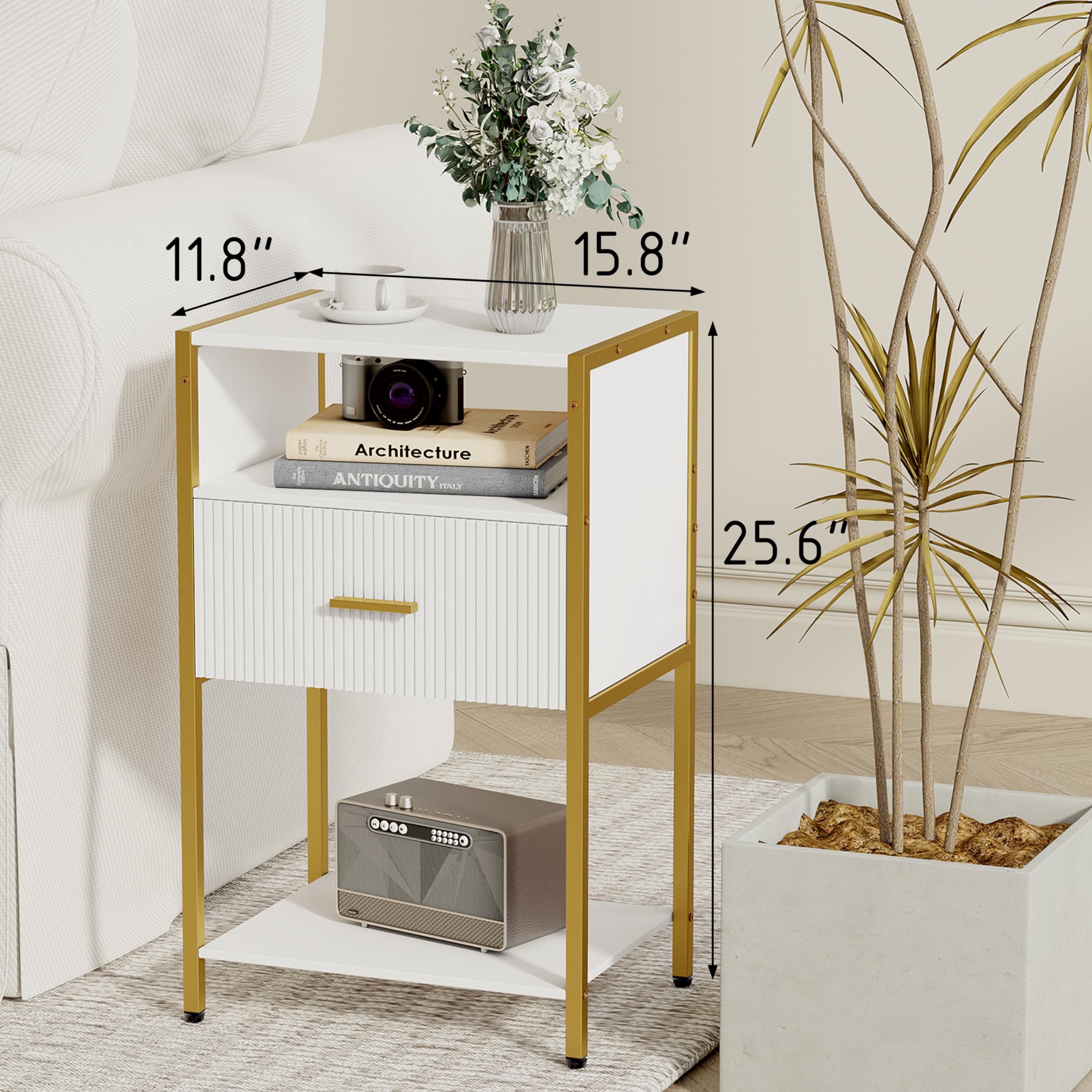 JOONEE White and Gold Nightstand, Modern Side Table with Fluted Drawer, Tall Night Stand with 3 Storage Shelves for Living Room, Bedroom