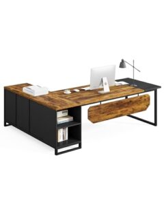 little tree 70.8 inches executive desk and 55 inches file cabinet combo, large l shaped computer desk with storage cabinet and shelves, modern business furniture for home office, rustic brown & black