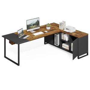 LITTLE TREE 70.8 Inches Executive Desk and 55 Inches File Cabinet Combo, Large L Shaped Computer Desk with Storage Cabinet and Shelves, Modern Business Furniture for Home Office, Rustic Brown & Black