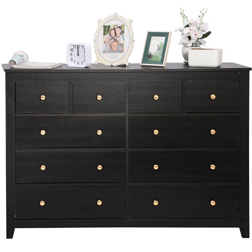 TITIMO 10 Drawer Dresser for Bedroom,Wood Chest of Drawers with Smooth Metal Rail,Large Dressers,Modern Bedroom Dressers with 10 Drawers Cabinet TV Stand (Black)