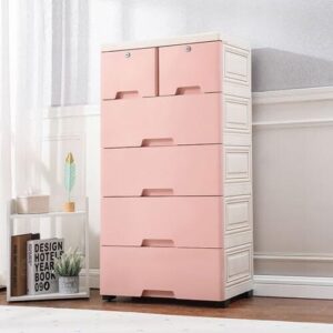 5 tier plastic drawers dresser storage tower with wheels & locks & 6 drawers,storage organizer rack movable storage cabinet closet for bedroom,living room,study(pink)