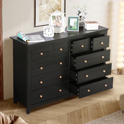 TITIMO 10 Drawer Dresser for Bedroom,Wood Chest of Drawers with Smooth Metal Rail,Large Dressers,Modern Bedroom Dressers with 10 Drawers Cabinet TV Stand (Black)