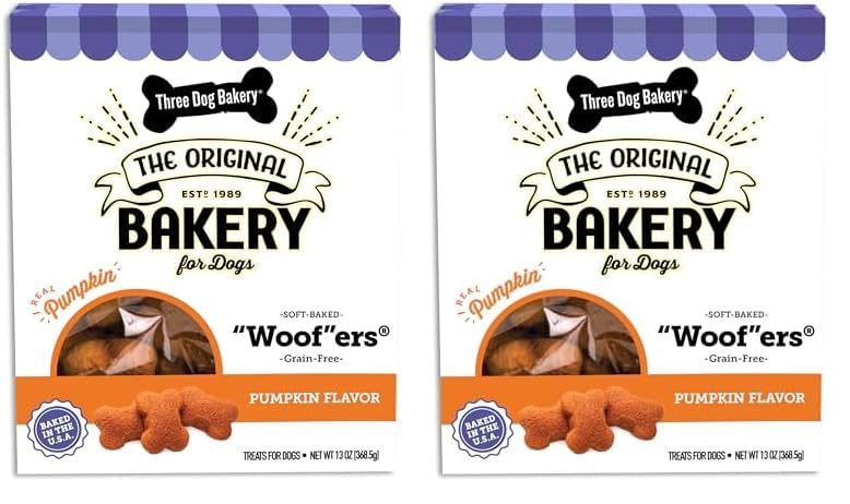 Three Dog Bakery Grain Free Wafers Baked Dog Treats, Pumpkin, 13 oz (Pack of 2)