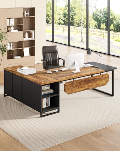 LITTLE TREE 70.8 Inches Executive Desk and 55 Inches File Cabinet Combo, Large L Shaped Computer Desk with Storage Cabinet and Shelves, Modern Business Furniture for Home Office, Rustic Brown & Black