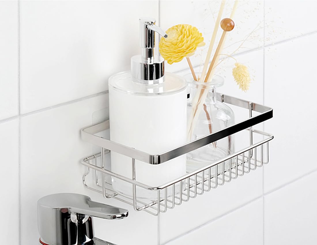 Adhesive Shower Caddy Compact Shelf Organizer Holder Bathroom Kitchen Self Adhesive Compact Storage for inside Shower Rack No Drilling Multipurpose Wall Mounted Stainless Steel Basket Rustproof