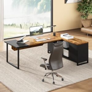 LITTLE TREE 70.8 Inches Executive Desk and 55 Inches File Cabinet Combo, Large L Shaped Computer Desk with Storage Cabinet and Shelves, Modern Business Furniture for Home Office, Rustic Brown & Black