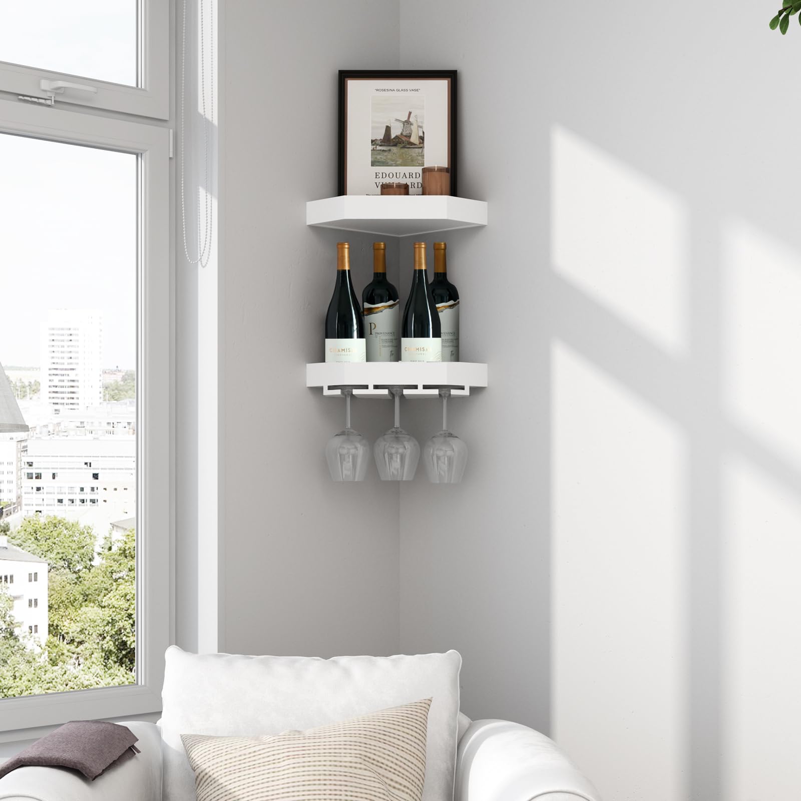 WELLAND White Wood Corner Floating Shelves Wall Mount Corner Wine Rack -2 Pack with 6 Glass Slot Holder