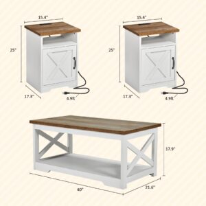 AMERLIFE 5-Piece Farmhouse Table Set Include 63" TV Stand with 26" Fireplace, 40" Coffee Table, 2 End Tables with Charging Station & USB Ports, Living Room Table Sets with Barn Door, Rustic Oak&White