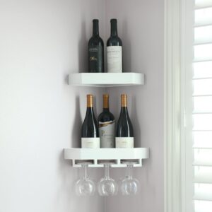 WELLAND White Wood Corner Floating Shelves Wall Mount Corner Wine Rack -2 Pack with 6 Glass Slot Holder