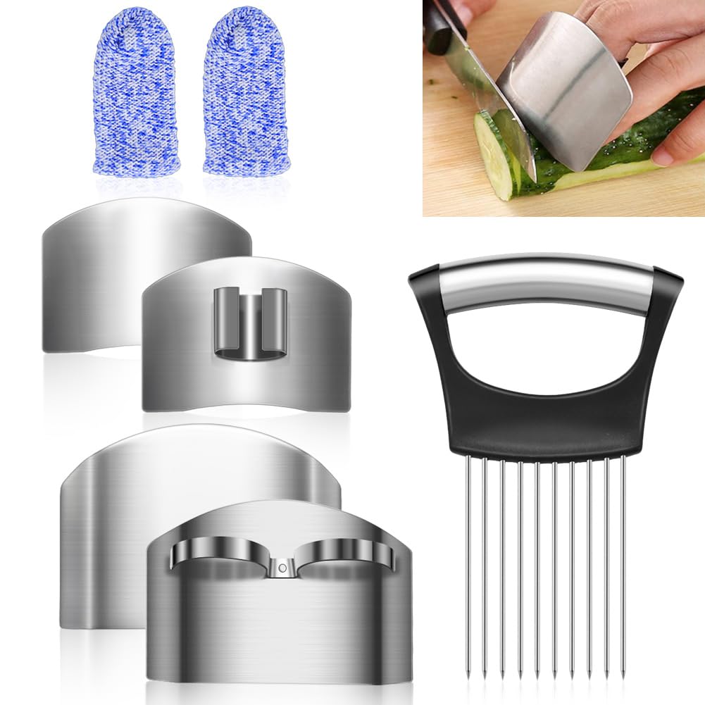 7PCS Finger Guards for Cutting Food - Stainless Steel Knife Cutting Finger Protector, Onion Holder for Slicing, Finger Cots, Thumb Guard Peelers, Onion Slicer, Knife Guard, Kitchen Tool