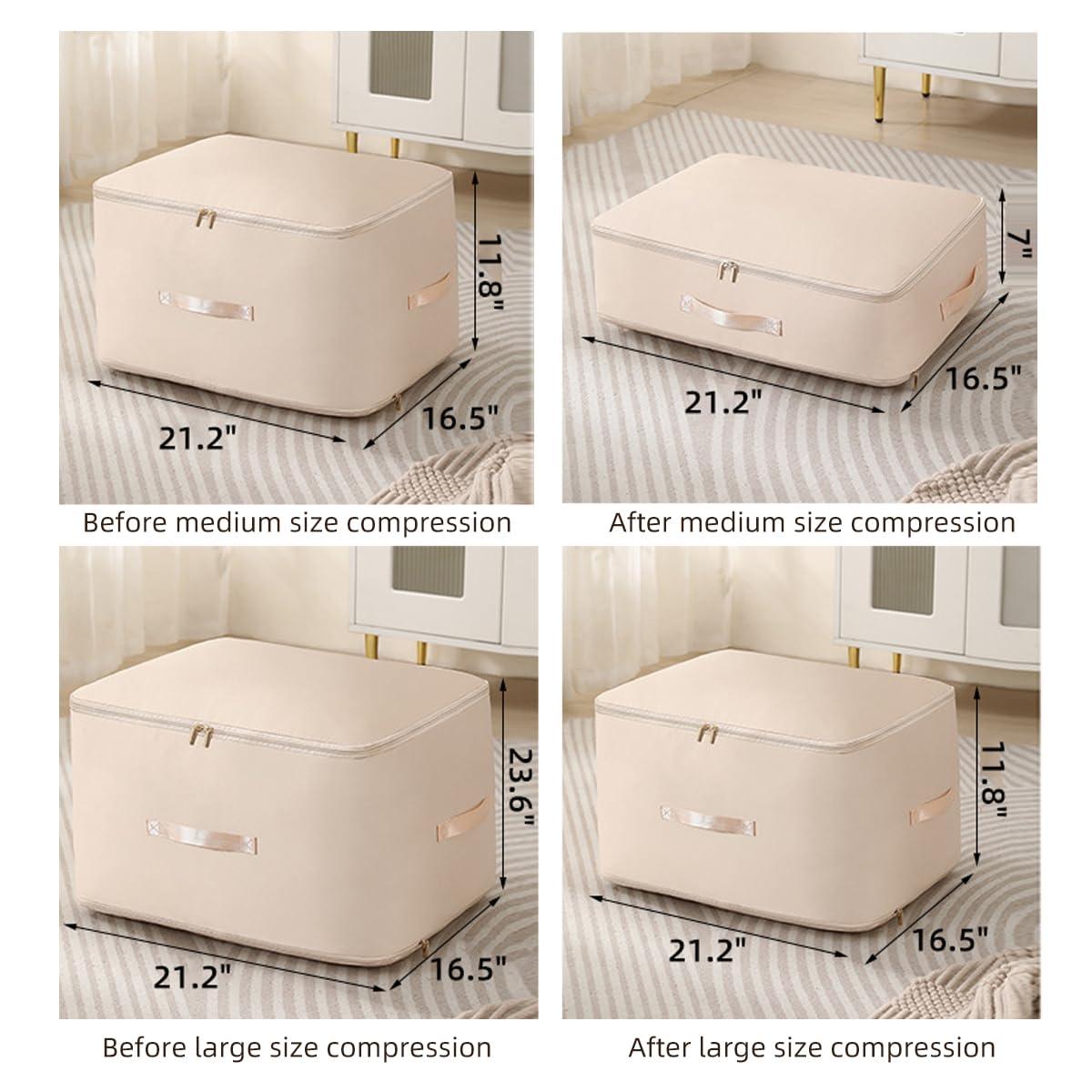 1 Pcs Self Compression Organizer Portable Dorm Moving Bags Storage Tote for Space Saving, Packaging Cube Bedding Storage Bag for Comforters Blankets Bedding Clothes, Beige Medium