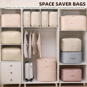 1 Pcs Self Compression Organizer Portable Dorm Moving Bags Storage Tote for Space Saving, Packaging Cube Bedding Storage Bag for Comforters Blankets Bedding Clothes, Beige Medium