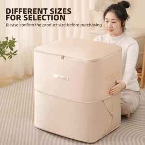 1 Pcs Self Compression Organizer Portable Dorm Moving Bags Storage Tote for Space Saving, Packaging Cube Bedding Storage Bag for Comforters Blankets Bedding Clothes, Beige Medium