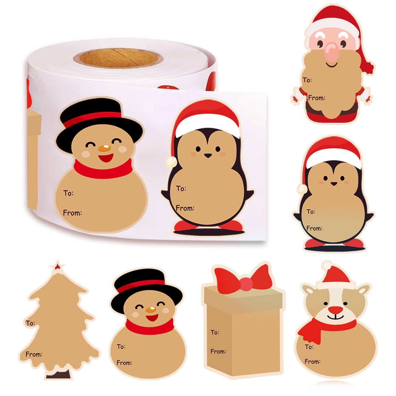 WUYUEJXI 500 Pcs Christmas Kraft Tag Sticker，2'' x 3'' Christmas Santa Claus Snowman Stickers 6 Designs, Self Adhesive Holiday Stickers Label Roll，for Christmas Holiday Wrapping,Envelope Labels