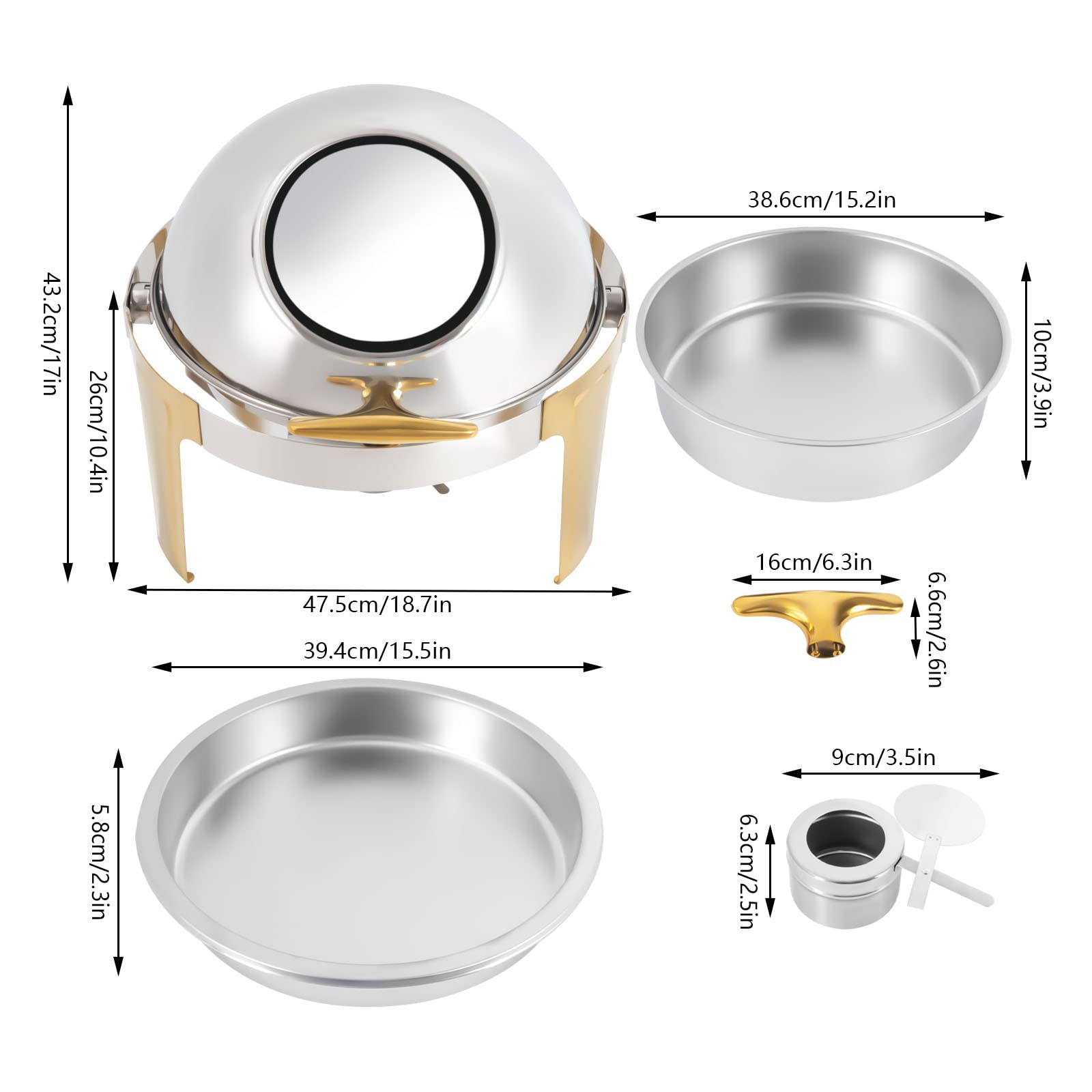 Roll Top Chafing Dish Buffet Set,Round Chafing Dish Buffet Set, Stainless Steel Buffet Warmer Chafers and Buffet Warmers Sets with Lid for Entertaining & Catering (6 L/6.3qt Gold)