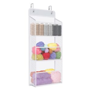 univivi door hanging yarn storage organizer, knitting and crochet organizer yarn ball storage with 3 clear plastic pockets & hooks for knitting needles, crochet hooks, yarn balls