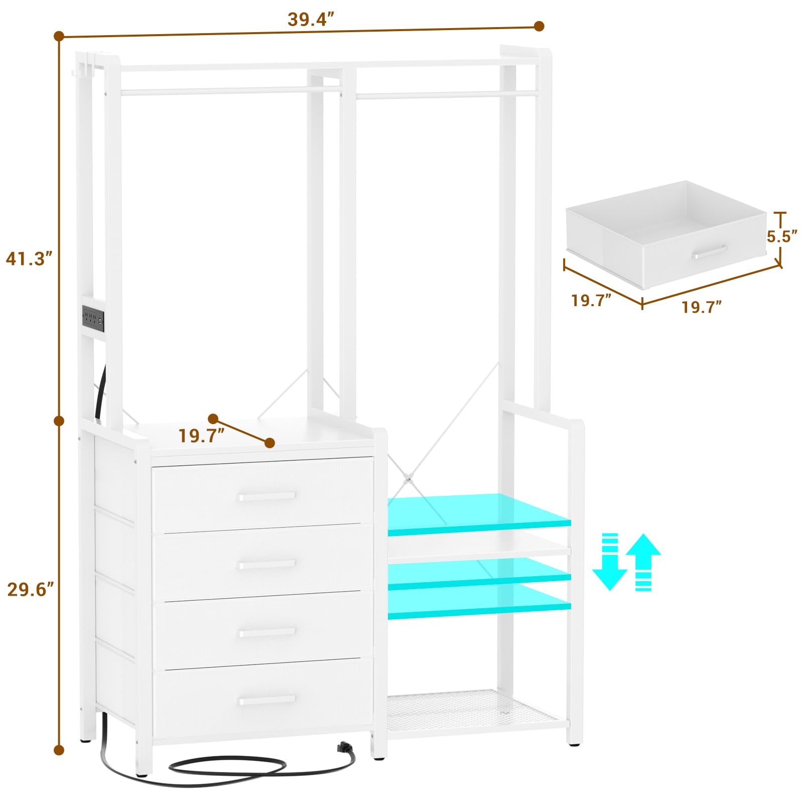 Cyclysio Small Clothes Rack with 4 Drawers, Reversible Garment Rack with Storage Shelves & Charging Station, Freestanding Closet System Organizer with 2 Hooks for Small Spaces, White