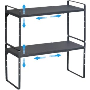 2 pack expandable kitchen cabinet organizer shelf, stackable kitchen counter storage shelves organizers, adjustable small storage shelf rack stand riser for mug coffee cup dish plate, length: 25.5”