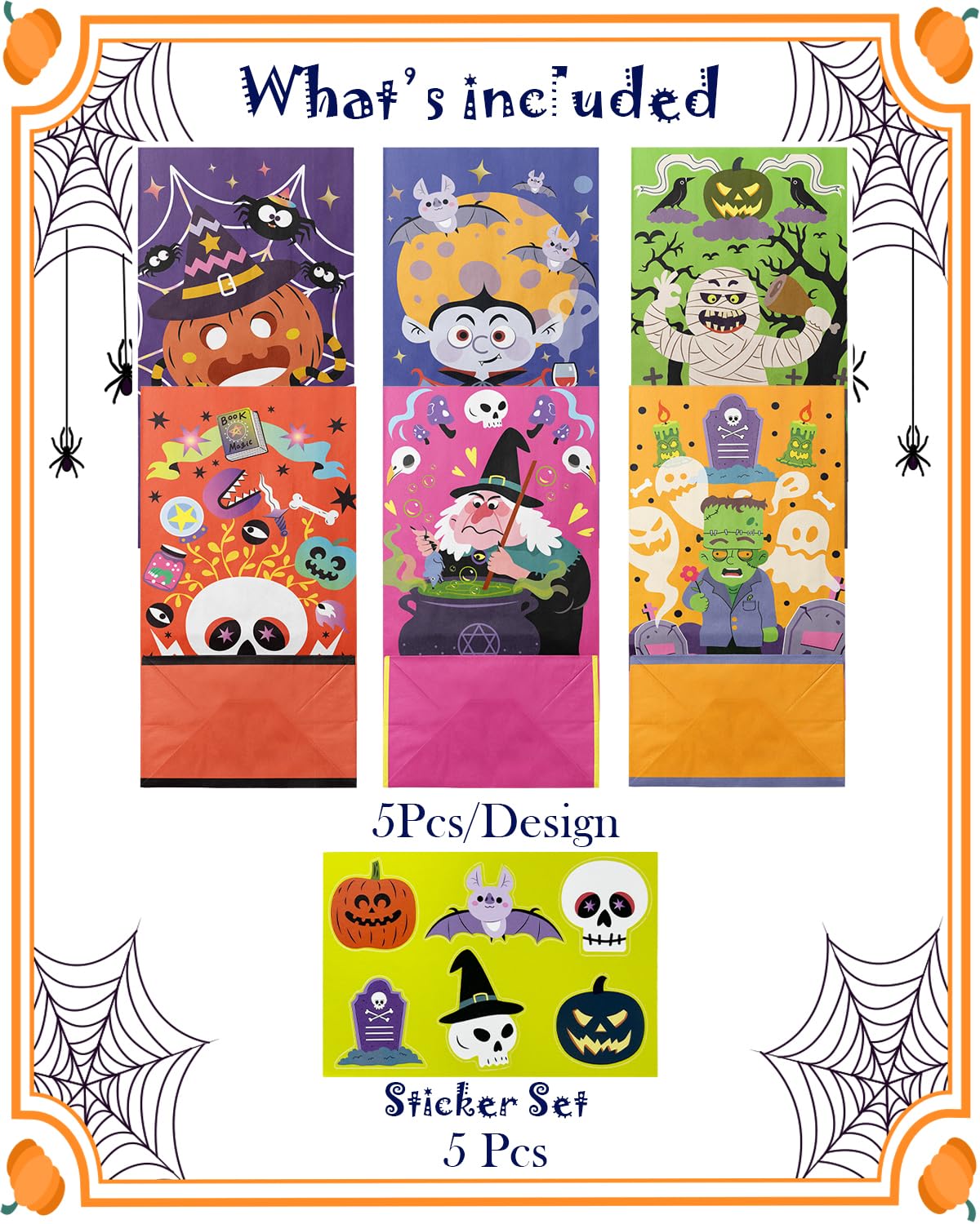 Gcardist Halloween Treats Bags 30 PCS Party Favors with 6 Designs, 3x5x9.5 Inches for Trick or Treat Festival - Includes Stickers - Happy Halloween Candy Bags