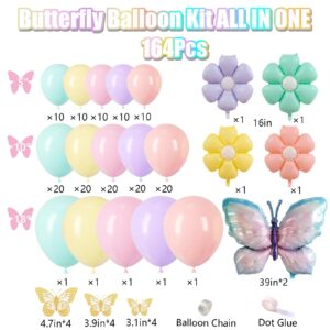 Futureferry Butterfly and Daisy Flower Balloons Arch Garland Kit 164Pcs Pastel Purple Green Yellow Pink Orange Balloons with Butterfly Stickers for Birthday Party Baby Shower Decorations