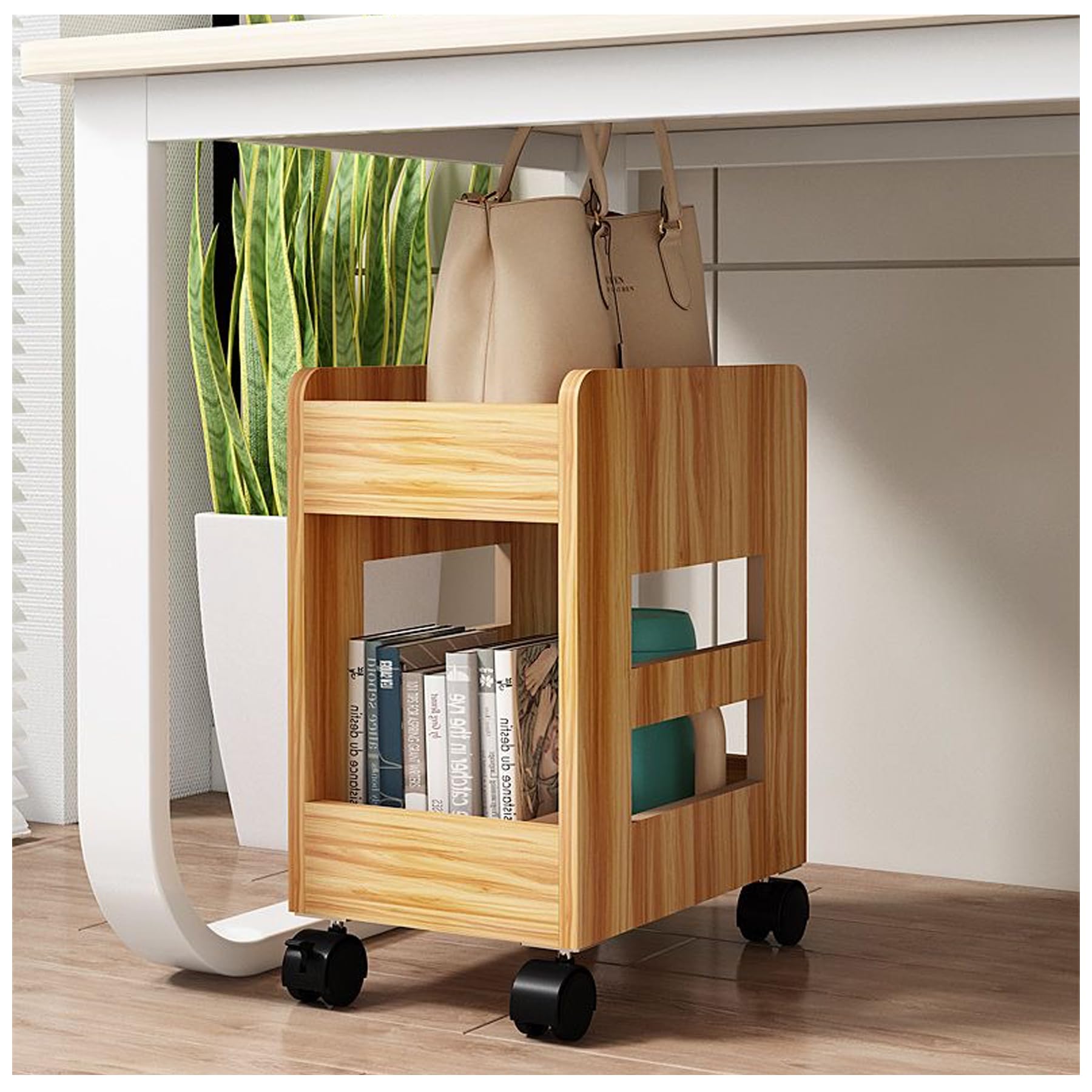 BEKMLOD Wheeled Mobile Bookshelf,2-Tier Mobile Bookshelf,Wooden Bookshelf Under Office Desk and Study Desk, Storage Rack, Storage Cabinet, Suitable for Home and Office Use