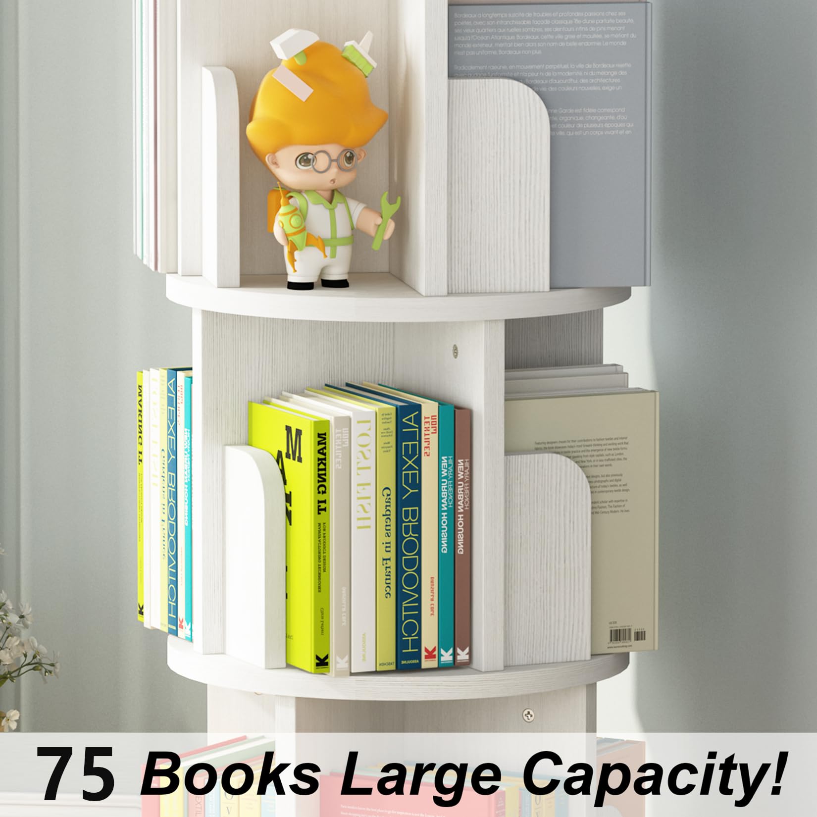 GarveeHome Rotating Bookshelf 3 Tier, 360 Display Bookcase Storage Rack for Kids & Adults, Corner Spinning Book Shelf for Small Space, Wood Revolving Bookcase Organizer for Bedroom, Living Room, White