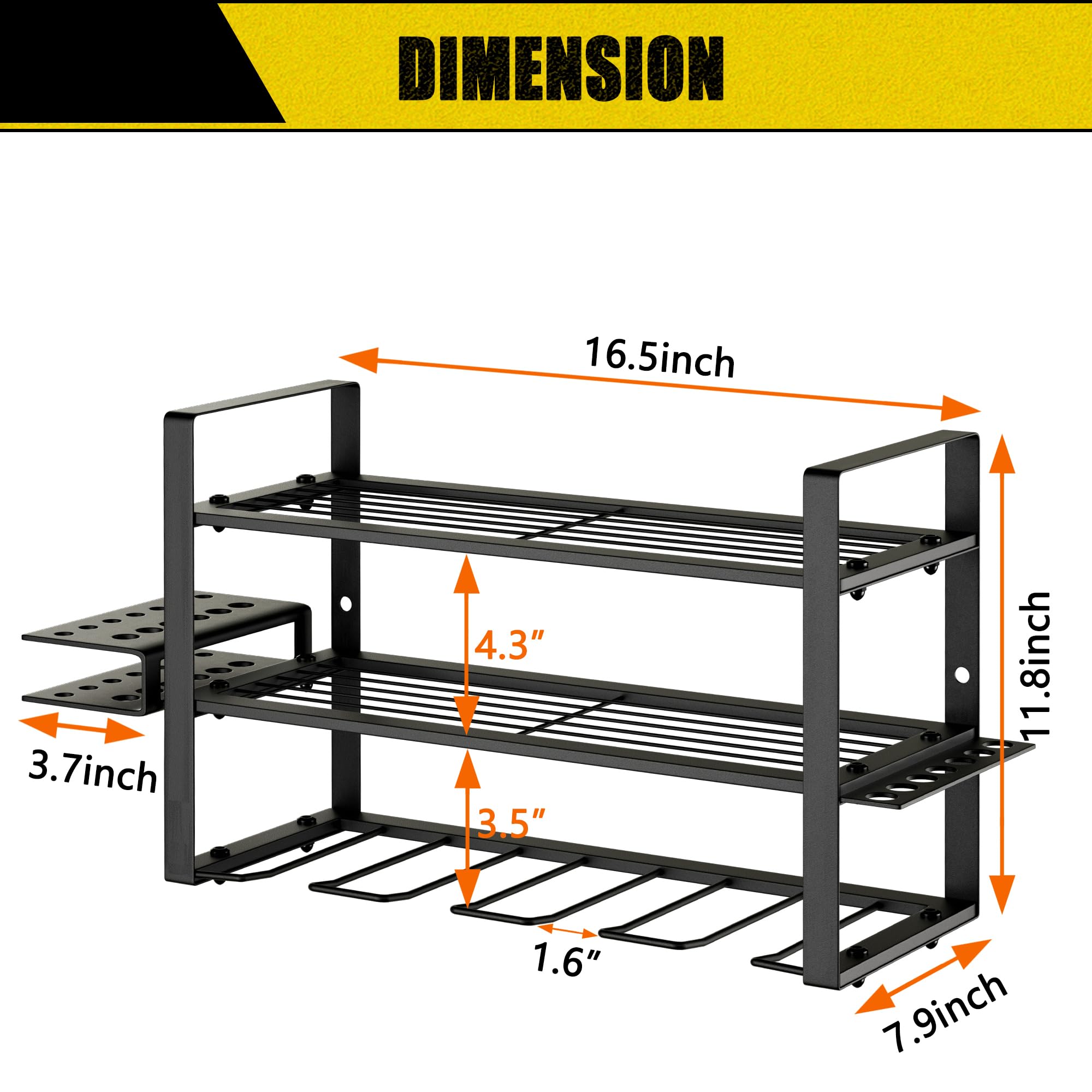 GIOTORENT Power Tool Organizer, Garage Shelving Heavy Duty, 4 Drill Holder Wall Mount, 3 Layers Storage Rack for Work Shop, Garage, 150Lbs Load Capacity, Matte Black