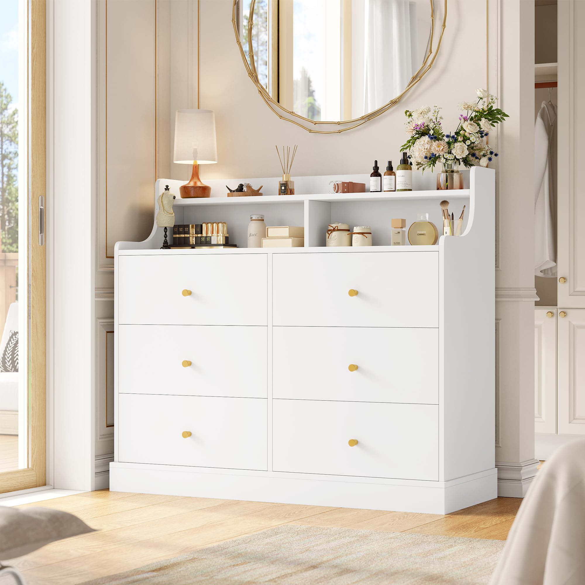 finetones 6 Drawer Dresser, White Dresser Double Dresser with Shelves, White and Gold Dresser, Wide Chest of Drawers, Dressers & Chests of Drawers, Large Wooden Storage White Dresser for Living Room