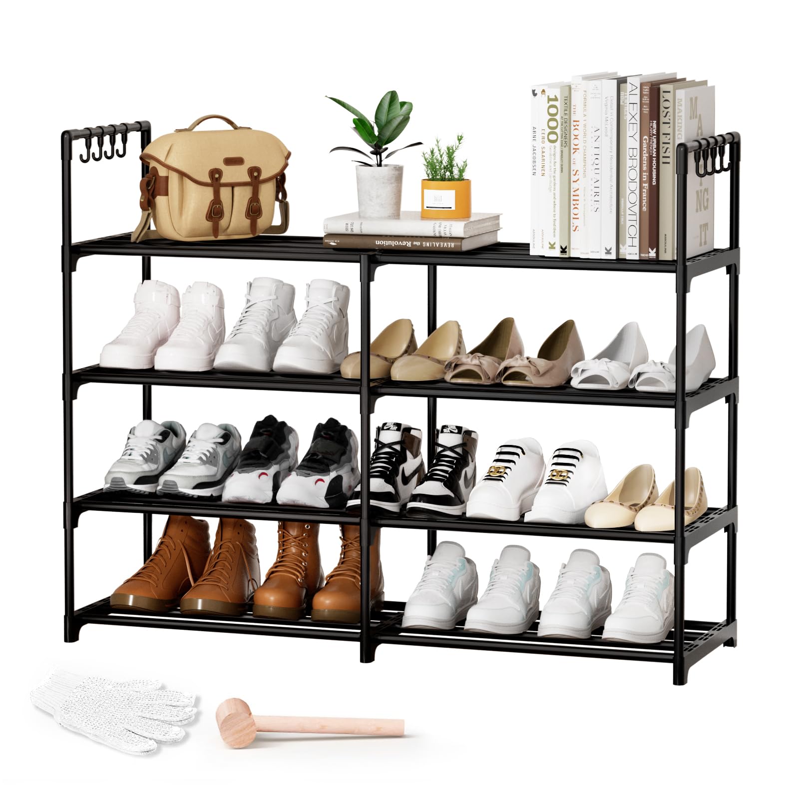 DYJIEKAI 2 Rows 4 Tier Shoe Rack, Black Metal Shoe Racks, Stackable Shoe Shelf with Multifunctional Hooks, Hold 16-20 Pairs, Space Saving Shoe Rack, Shoe Rack for Closet,Shoe Organizer