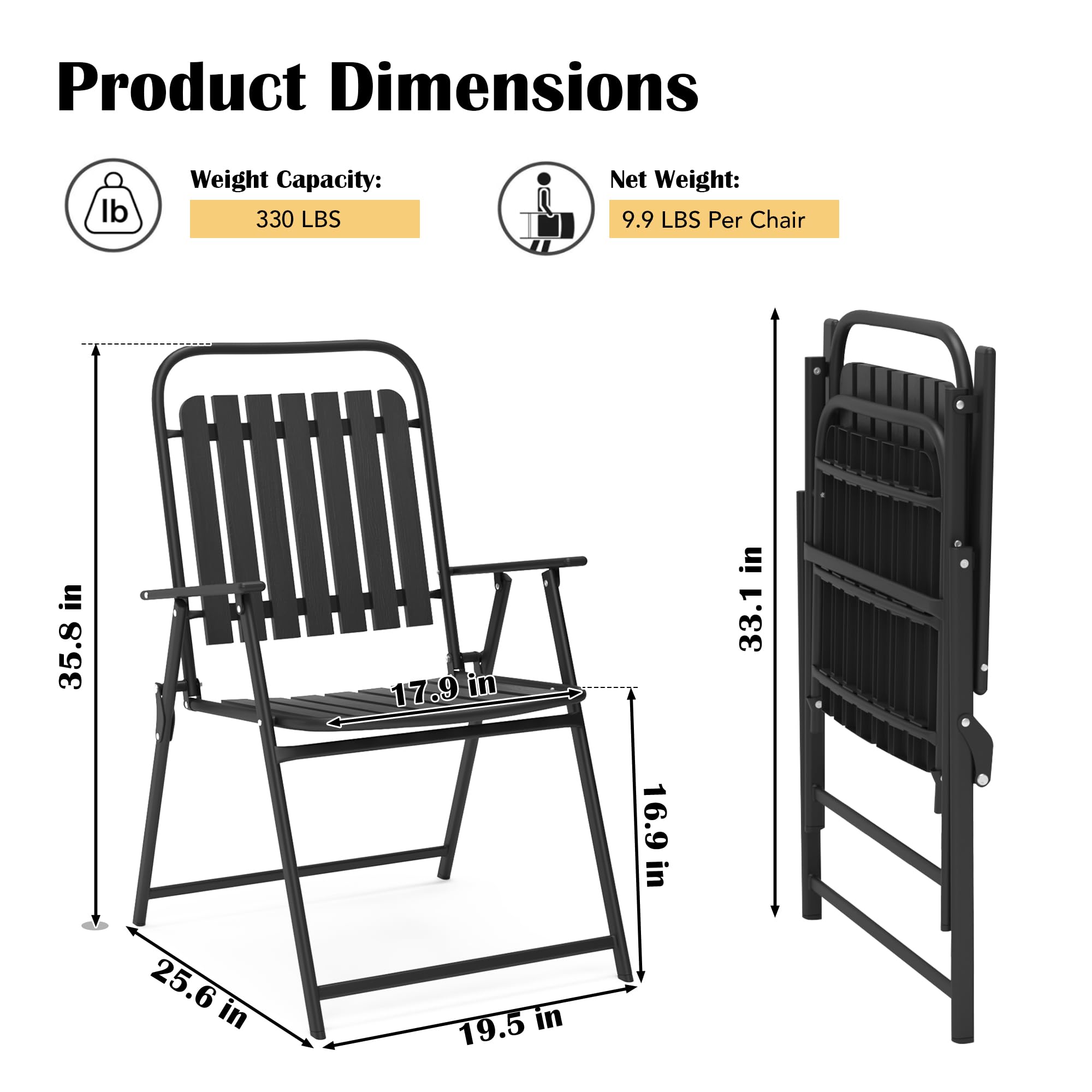 PIZZELLO Patio Folding Chairs Set of 4, Outdoor Foldable Dining Chairs with Armrests and High Back, All-Weather Portable Lawn Chair Sets for Garden Porch Poolside Deck, No Assembly Required, Black