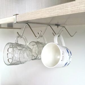 ombizny 6 hooks under cabinet mug holder for coffee cups and kitchen utensils, silver