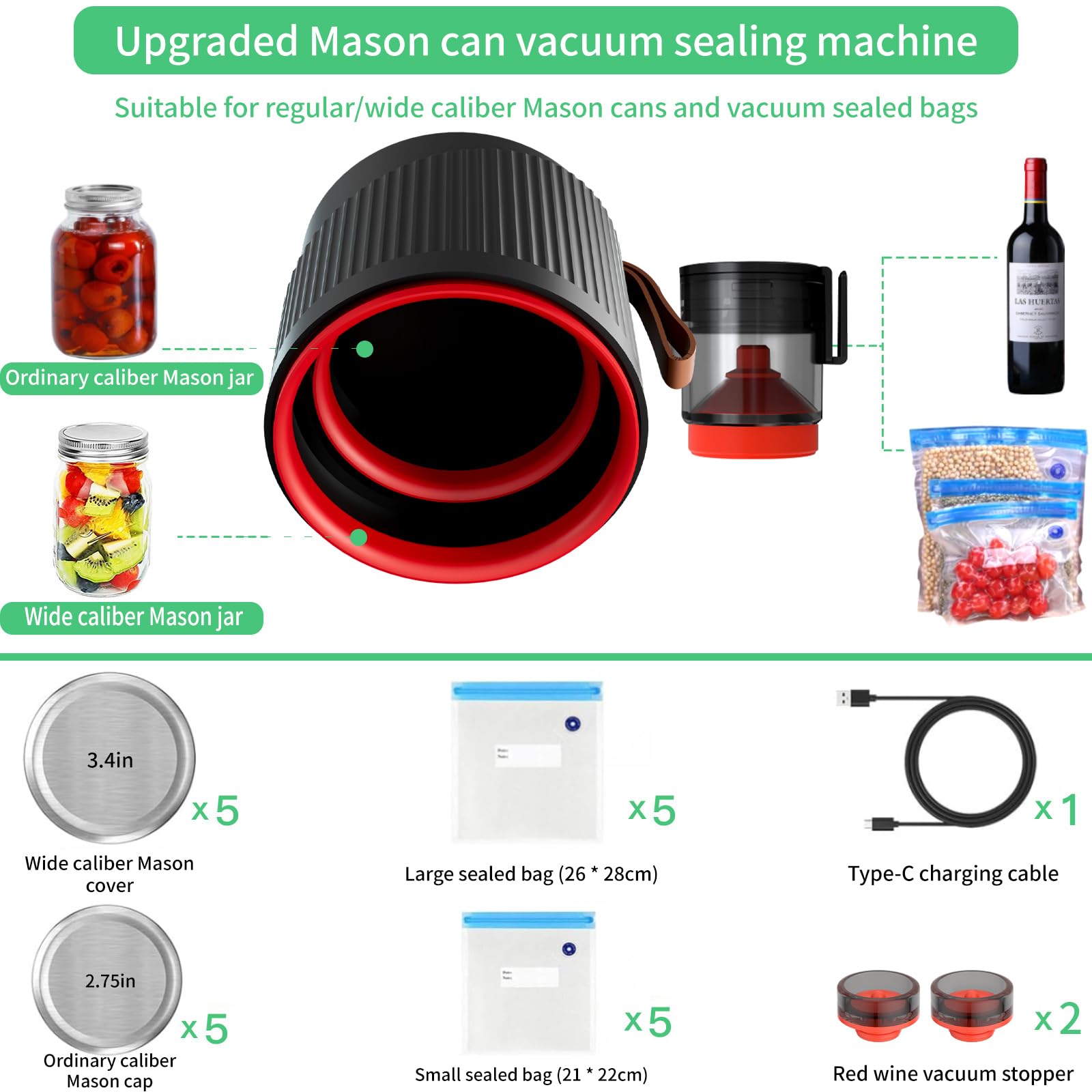 ANBEISTEE Electric Mason Cordless Vacuum Sealer Kit for Wide-Mouth & Regular-Mouth Mason Jars, for Food Storage and Fermentation, Black