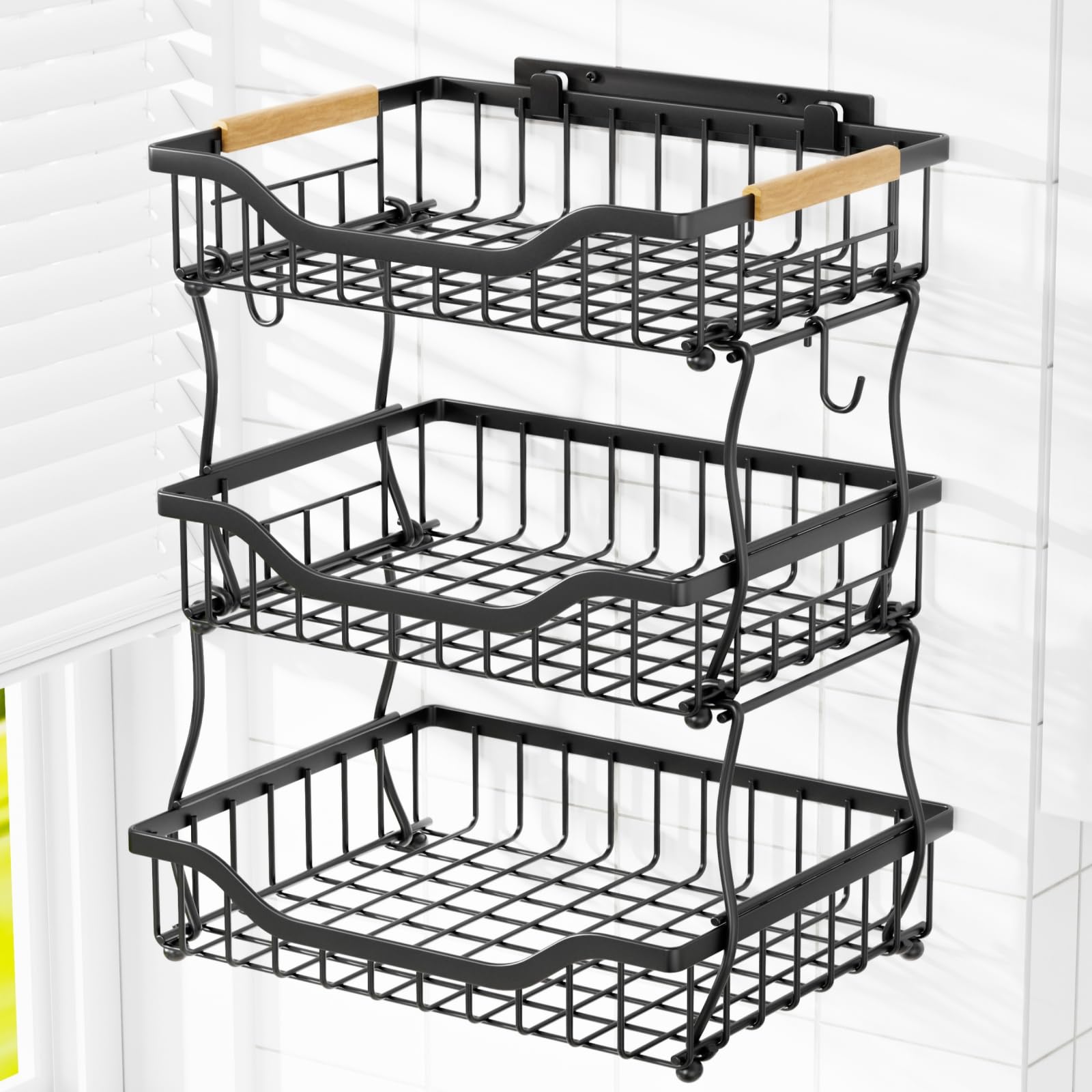 OKZEST 3-Tier Fruit Basket for Kitchen Counter with Banana Hangers, Wall Hanging Fruit Basket and Countertop Organizer Fruit Bowl, Fruit Storage Holder Stand for Potato Onion Snack Bread Fruit Veggie