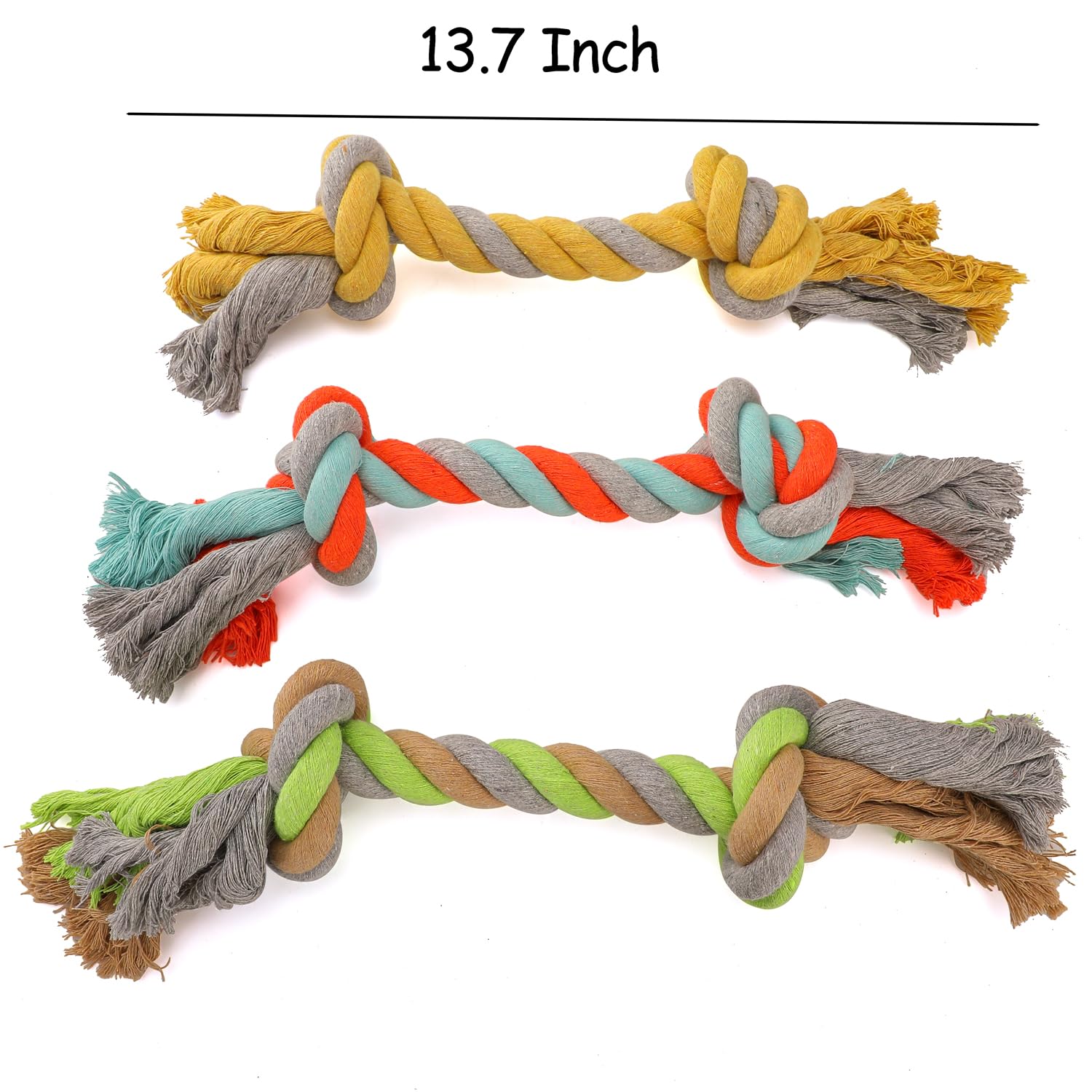 LUCKITTY 3 Pack 13.7 Inch Dog Rope Toys for Medium Aggressive Chewers, Heavy Duty Dog Rope Toy, Indestructible Dog Chew Toys, Teeth Cleaning, Yellow Green Orange