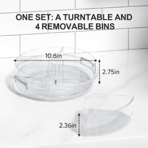 LAMU Lazy Susan Organizer with 4 Bins Removable Turntable for Cabinet, Recyclable Plastics Rotating Organizer for Kitchen, Pantry, Bathroom Countertop Organizer, 10.6 inch, Clear