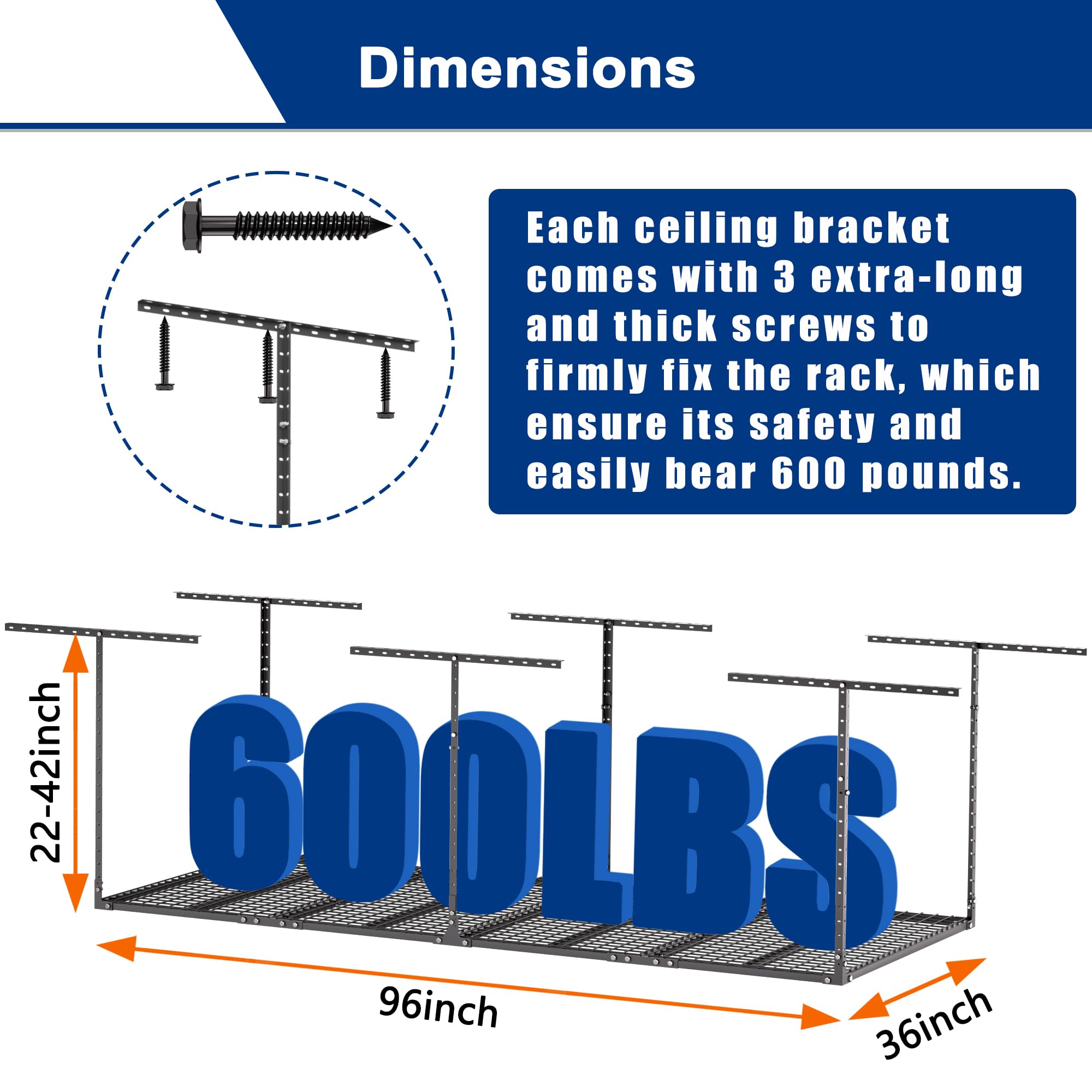 GIOTORENT 3x8FT Overhead Garage Storage Rack, Heavy Duty Metal Garage Ceiling Storage Racks, Adjustable Garage Shelving/Garage Organization/Garage Storage Shelves, 600lbs Weight Capacity, Black