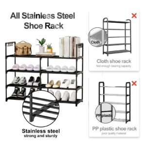 DYJIEKAI 2 Rows 4 Tier Shoe Rack, Black Metal Shoe Racks, Stackable Shoe Shelf with Multifunctional Hooks, Hold 16-20 Pairs, Space Saving Shoe Rack, Shoe Rack for Closet,Shoe Organizer